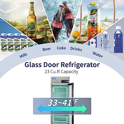 ICECASA 27" W Commercial Display Refrigerator Single Glass Door Merchandiser Reach-in 23 Cu.ft Stainless Steel Display Refrigerator Fan Cooling for Restuarant, Bar, Shop, etc