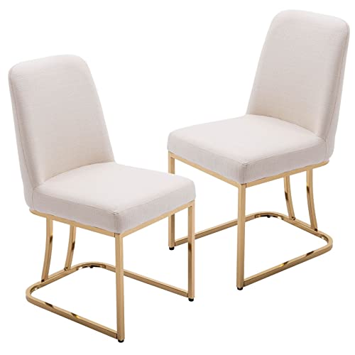 HNY Mid Century Modern Dining Room Chairs Set of 2, Linen Upholstered Fabric Chairs for Dining Room, with Golden Finish Metal Frame, Cream, Cream-linen, 17.7D x 23.2W x 34.3H in