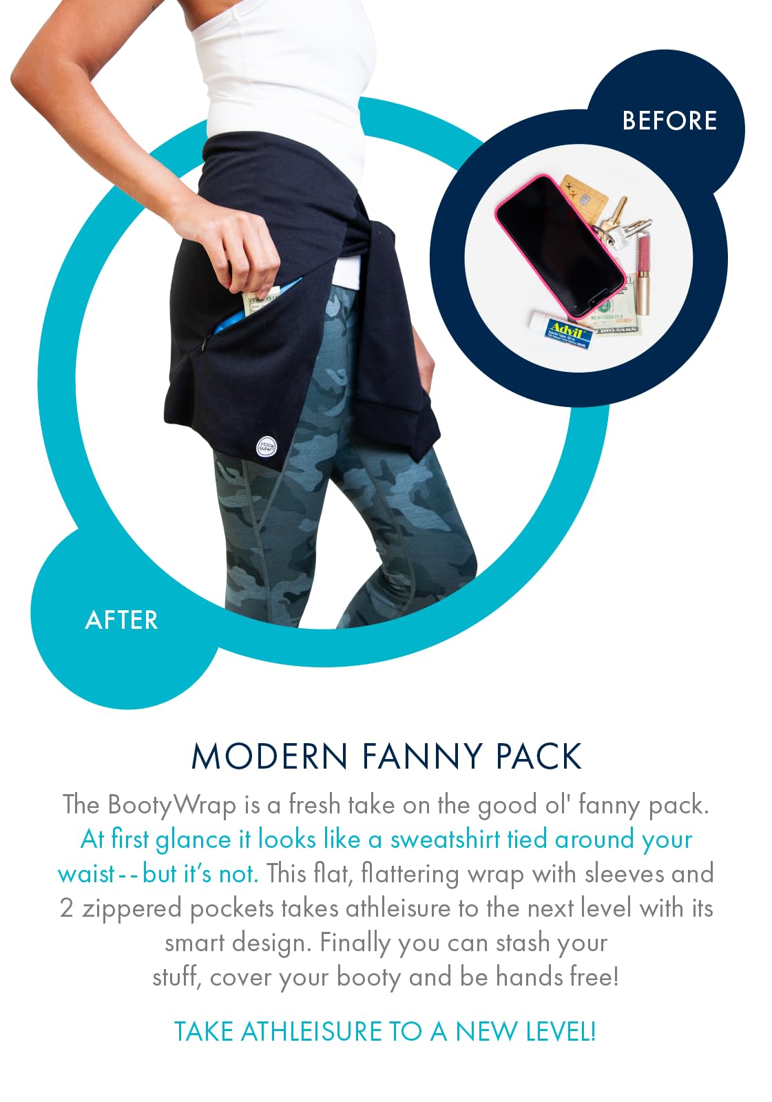 BootyWrap Modern Fanny Pack by Invisibelt - Slimming Wrap for Women with Zipped Pocket Storage to Carry Essentials for Walking, Running, Outdoors (Black, Medium)
