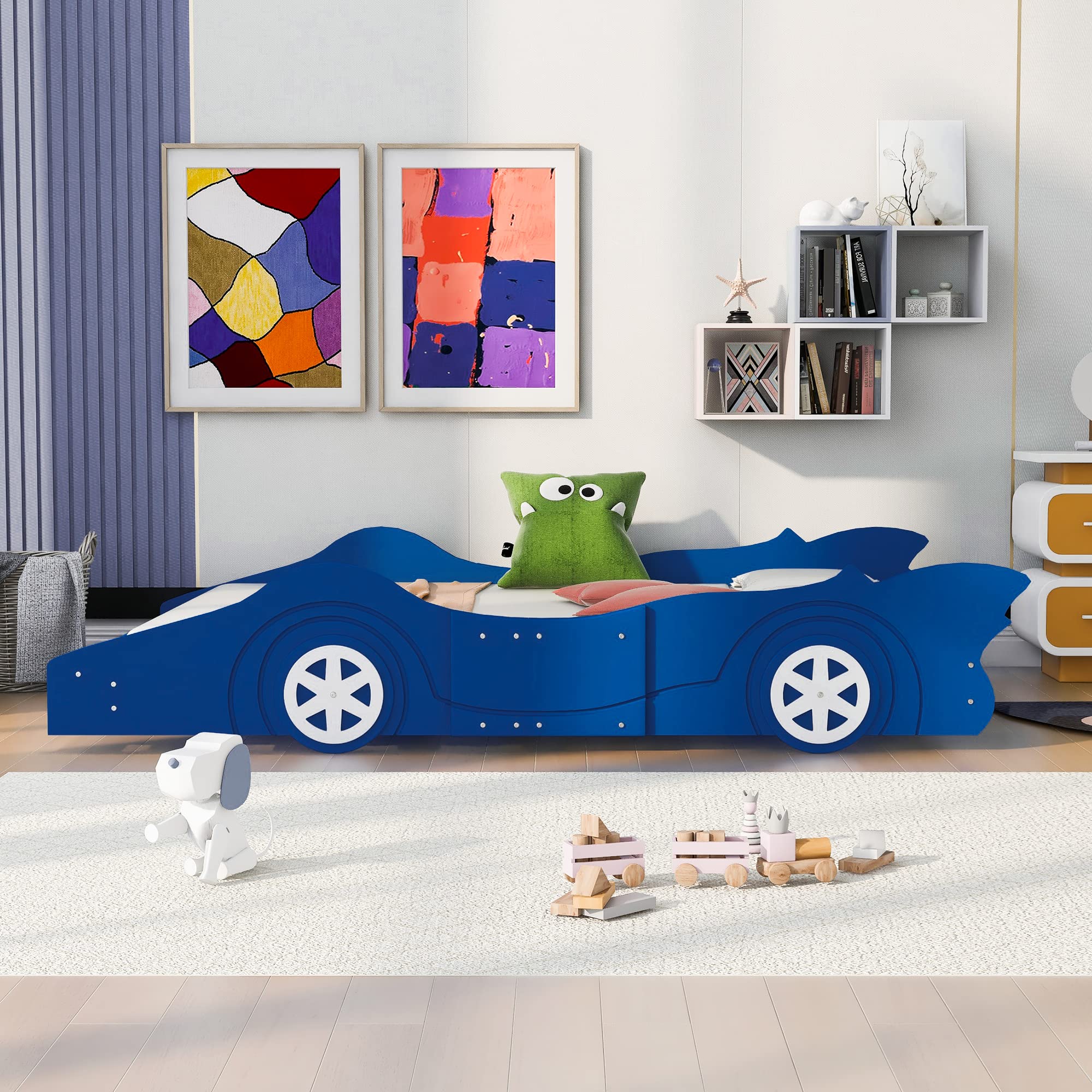 SOFTSEA Full Size Car-Shaped Platform Bed, Solid Wood Platform Bed with Wheels for Kids Boys Girls, No Box Spring Needed, Without Headboard, Blue