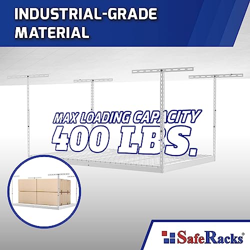 SafeRacks Overhead Garage Storage Rack - Heavy Duty Racks for Garage with 400 lb Capacity, Easy Garage Shelving, Adjustable Storage Rack, Ceiling Mount Storage Shelves 3x6 White (18"-33")