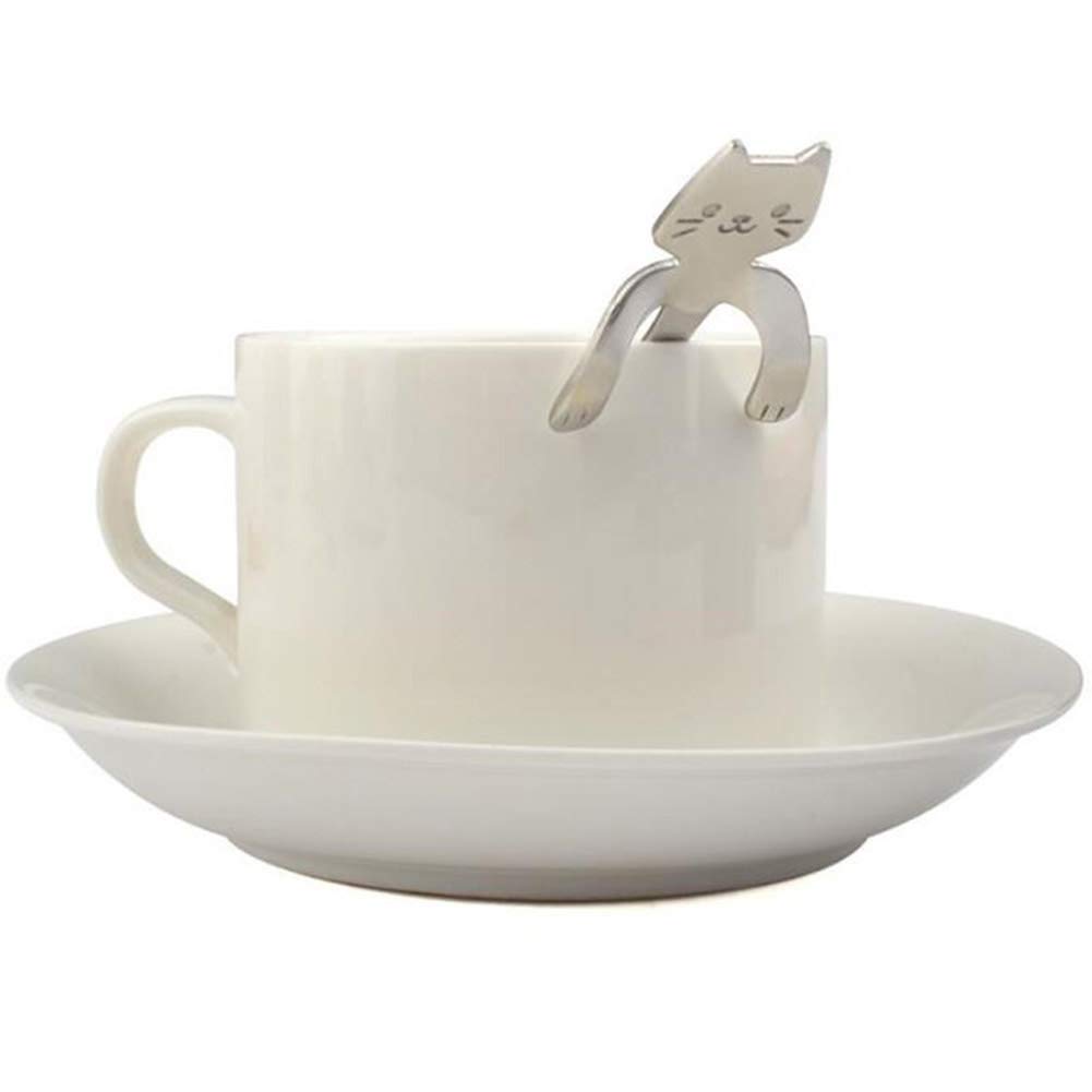 ekqw015l 1 Piece Cute Cat Spoon Long Handle Spoons Flatware Drinking Tools Kitchen Gadget |Baby Stainless Steel Dessert Cake Coffee Spoon Cutlery– Teaspoons,Coffee spoons Soup Spoons Silver
