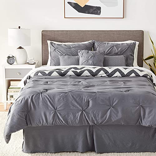 Avondale Manor 7-Piece Ella Comforter Bed Set - Reversible Ultra-Soft Pinch Pleat Grey Bedding Comforter Set with 3 Decorative Pillows for Queen Bed, Hypoallergenic, 7 Pieces, Queen Grey