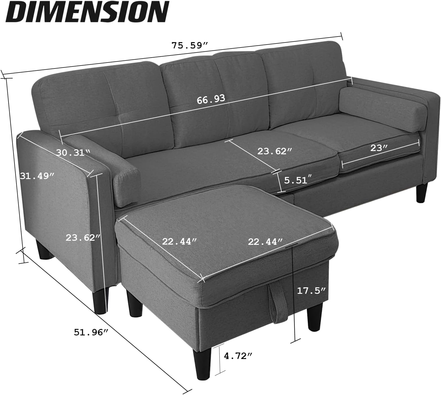 Uoobmope 78" L Shaped Sectional Couch, 3-Seat Sectional Sofa w/Movable Storage Ottoman & USB, Upholstered Linen sofa w/Reversible Chaise Lounge for Apartment,Compact/Small Spaces-Dark Grey