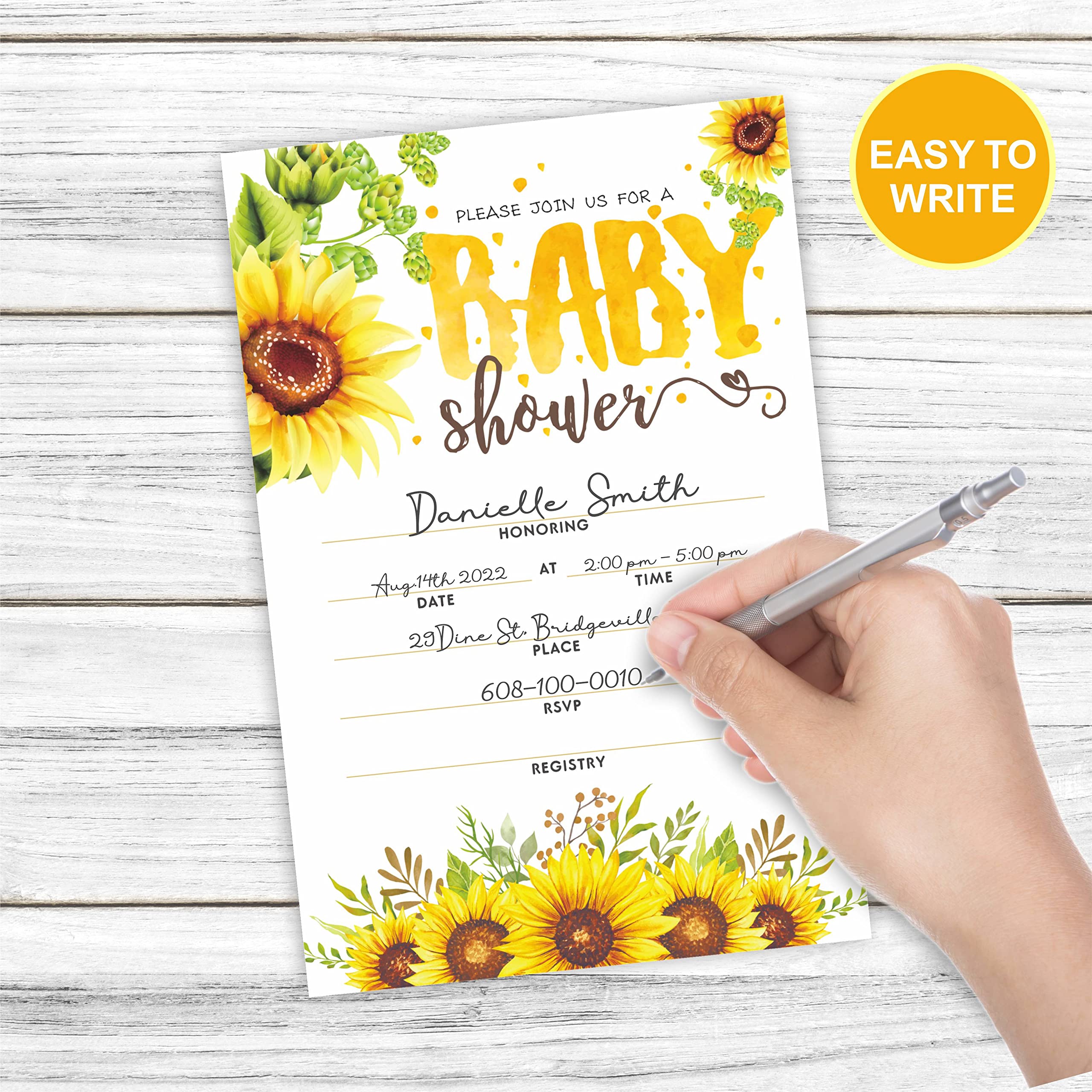 Baby Shower Invitation Cards With Envelopes, Sunflower Invites for Baby Showers and Parties - Pack of 25-(YQK-018)