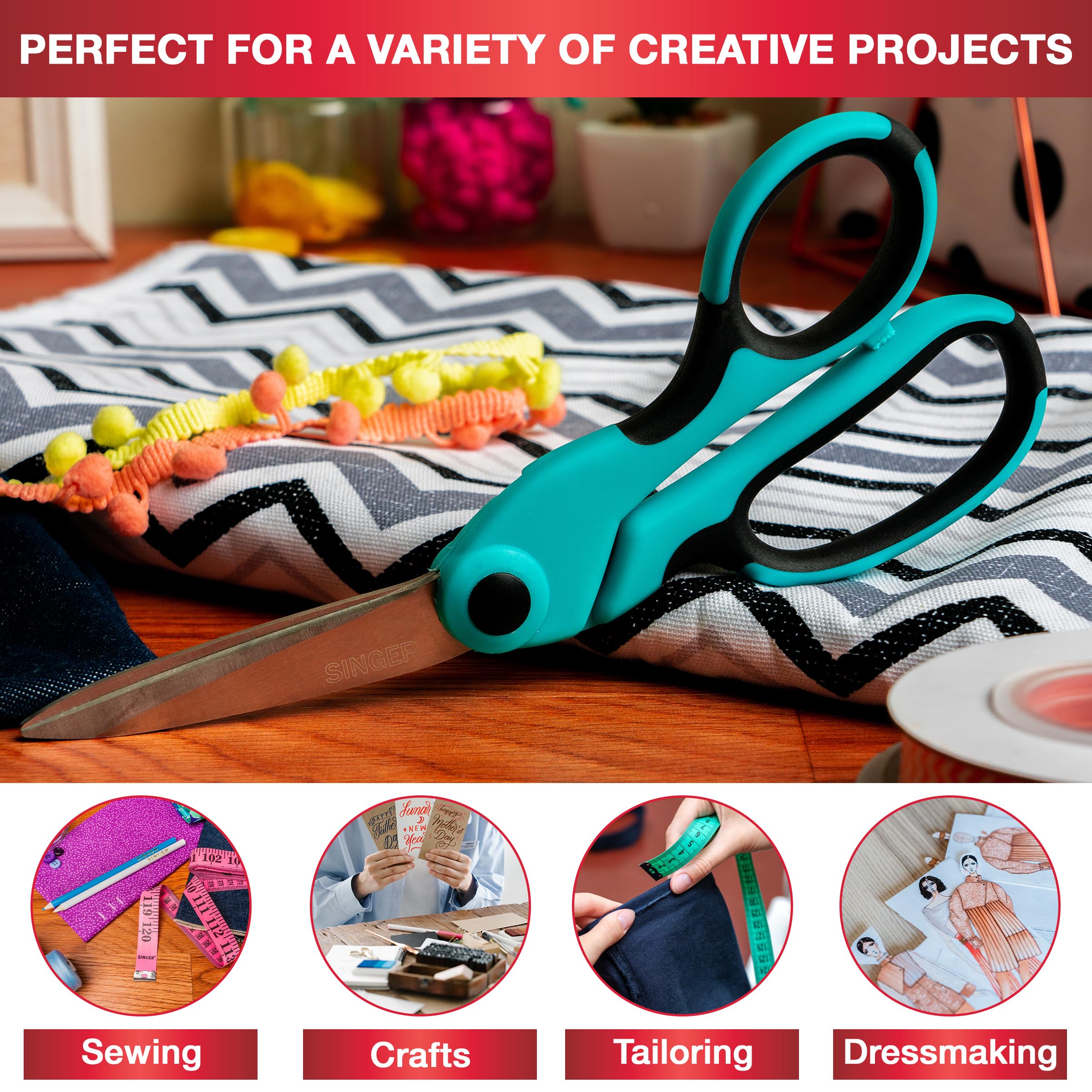 SINGER ProSeries Scissors Set - 9” Pinking Shears, 8.5” Heavy Duty Scissors & 4.5” Detail Scissors - Stainless Steel, Comfort Grip for Quilting, Dressmaking & Tailoring - Professional Cutting Tools