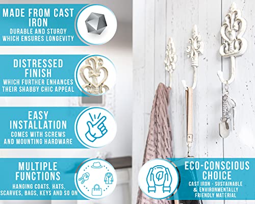 Shabby Chic Decorative Wall Hooks - Set of 3 - Cast Iron French Country Wall Decor - Farmhouse Hangers for Coats, Purses and More - Rustic White