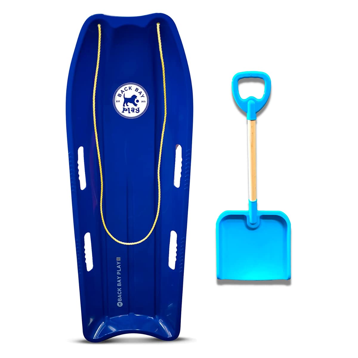 Back Bay Play 47" Snow Sled Racer High Density Plastic Sled with Pull Rope Bundled with 30" Plastic Snow Shovel for Kids with Handle and Scoop