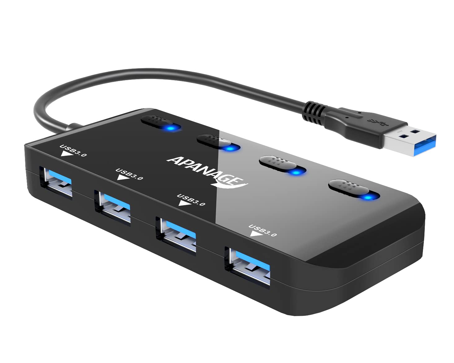 Apanage 4-Port USB 3.0 Hub Splitter, Ultra Slim USB Data Hub with Individual Power Switches and LED Indicator for PC, MacBook Air, iMac, Mac Pro/Mini, Printer, Flash Drives, Mobile HDD