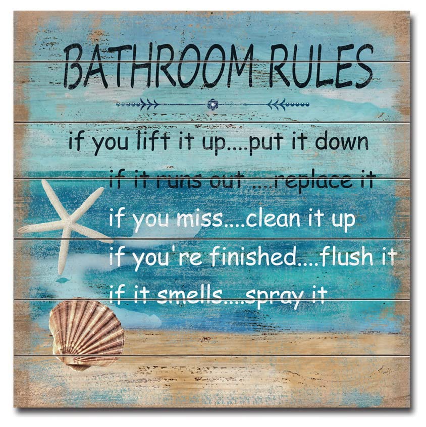 Seashells Bathroom Rules Wall Sign for Bathroom Decor, Funny Bathroom Wall Decor Wall Art For Beach House, Cute Beach Sign Plaque- 12 x 12 Inchs