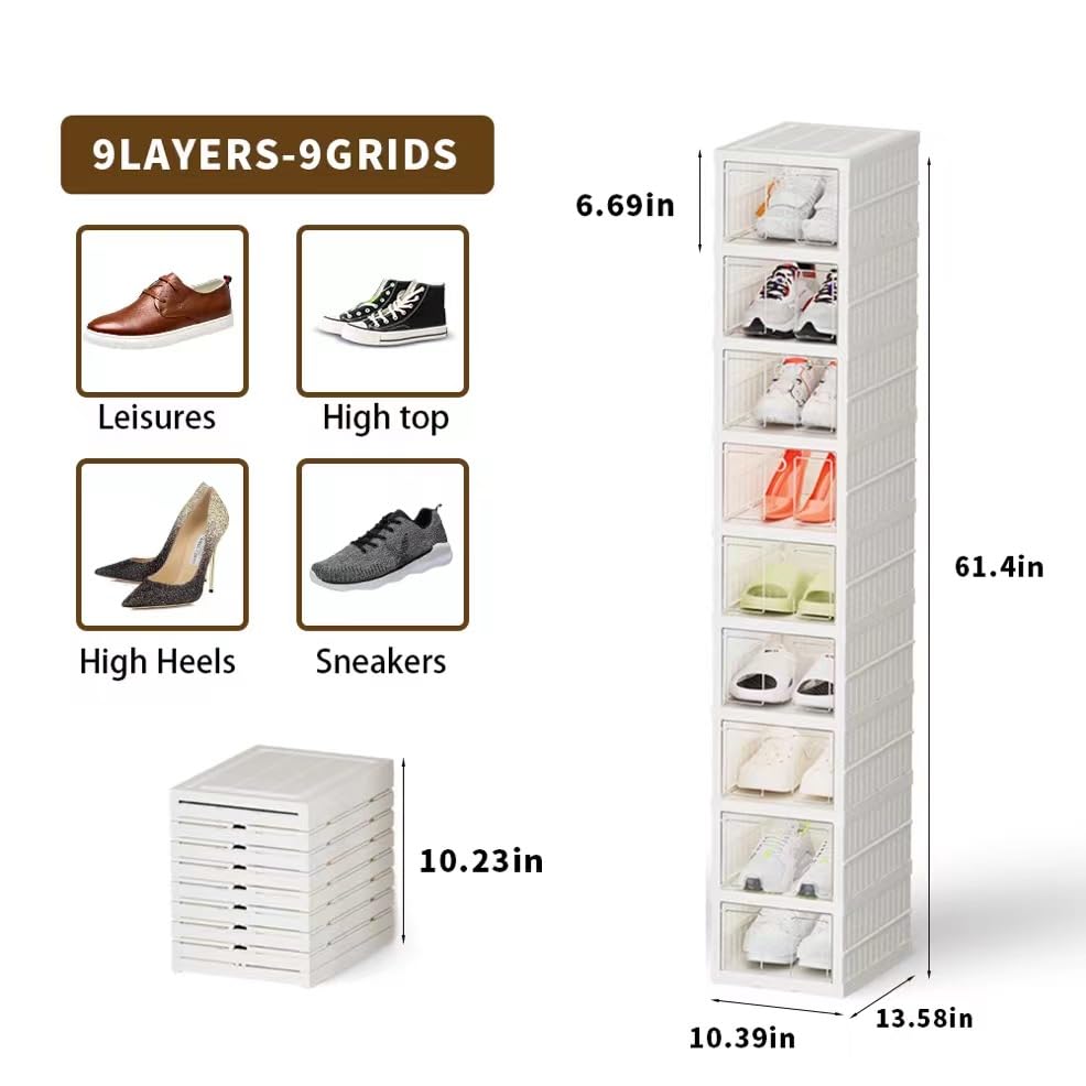 DY GMD Foldable Shoe Rack, Collapsible Plastic Shoe Organizer with Doors Sturdy Easy to Assemble for Closet,Shoe Storage Boxes -9 Tier(White Doors)