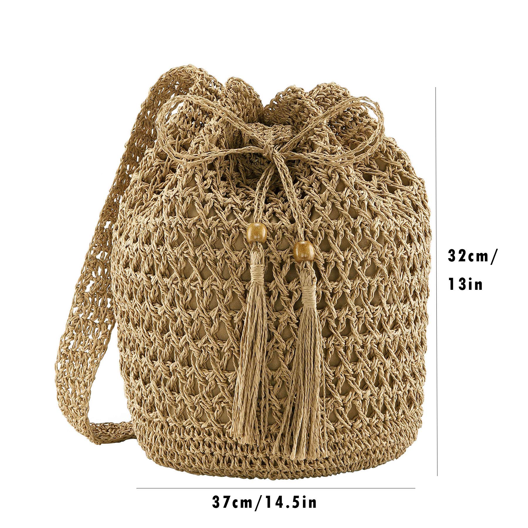 Ayliss Women Beach Handbag Straw Crossbody Shoulder Handbag Summer Beach Handmade Woven Bucket Bag Drawstring with Tassel (Khaki)