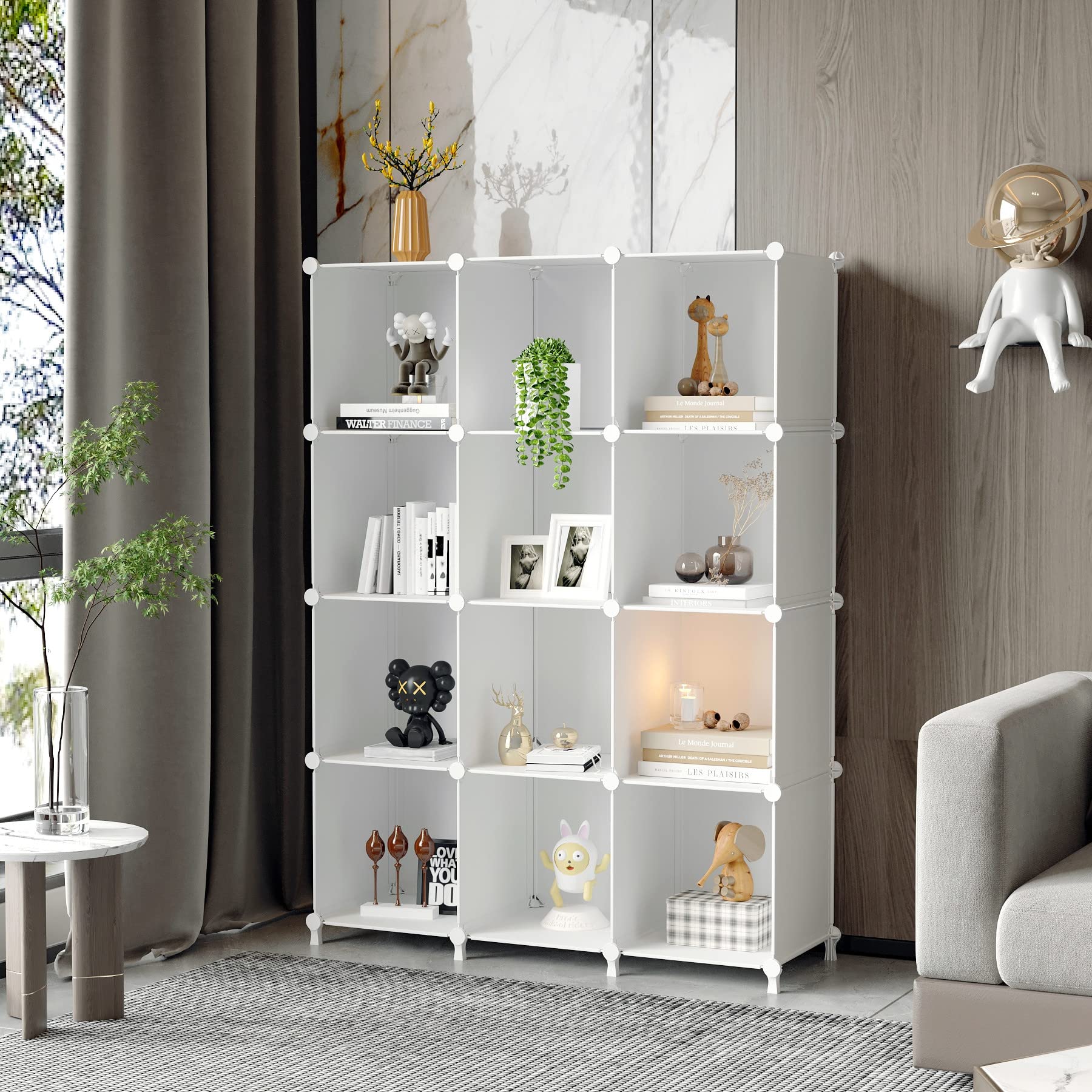 AWTATOS Cube Storage Organizer Modular Storage 12 Cube Bookshelf DIY Plastic Closet Clothes Storage Shelves with Wooden Mallet, Stackable Storage Solution for Home, Office, Bedroom, White