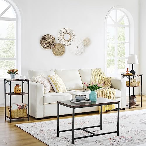 Hoctieon 3 Tier End Table Set of 2, Slim Side Tables, Narrow Side Tables, Nightstands for Small Spaces, Metal Frame, Easy Assembly, Rustic Brown