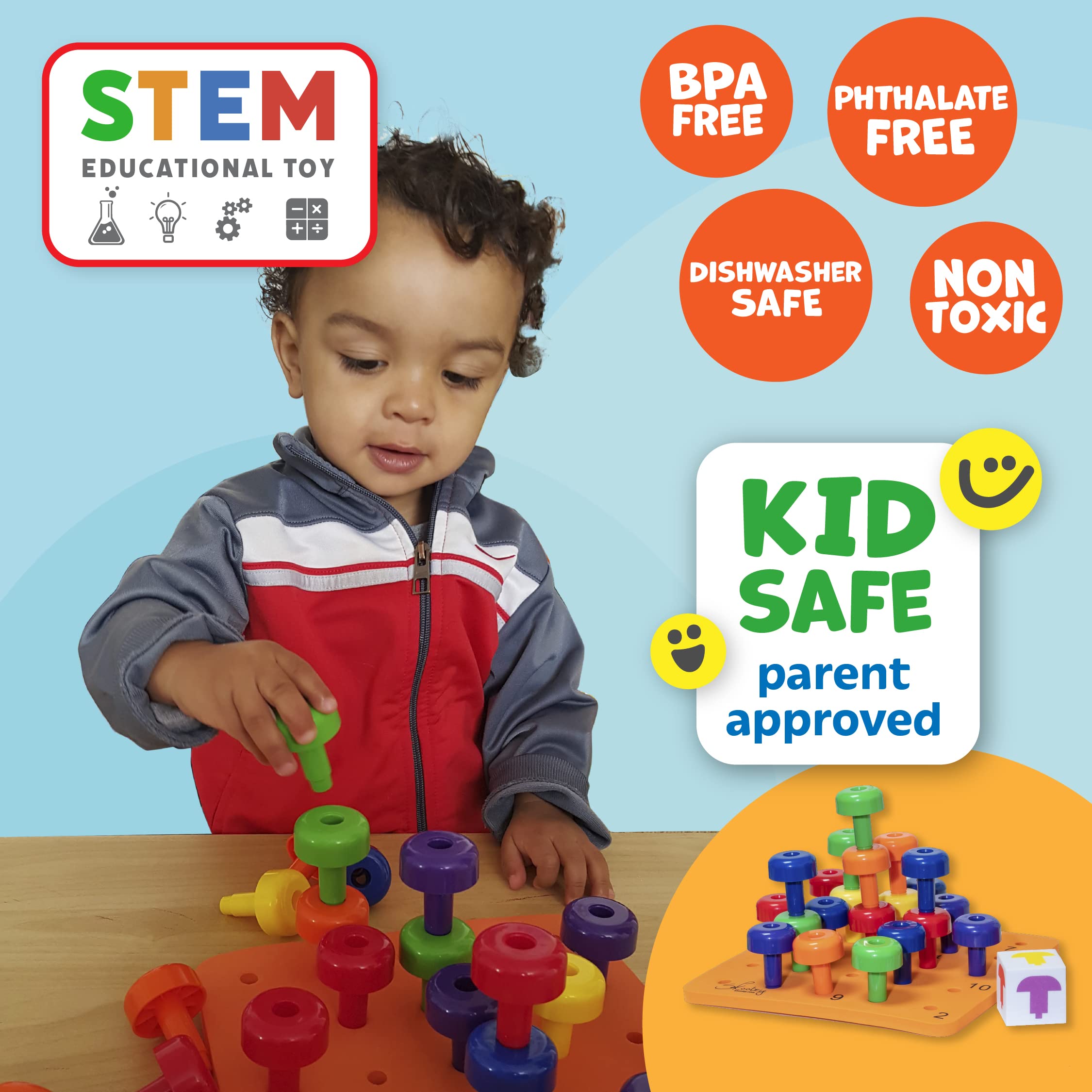 Skoolzy Montessori Sensory Peg Board 34 Piece Set - Develop Sensory Play Occupational Therapy STEM Learning Educational Toys for Kids 2+ - Includes Foam Board, Lacing String, Dice, Storage Bag, eBook