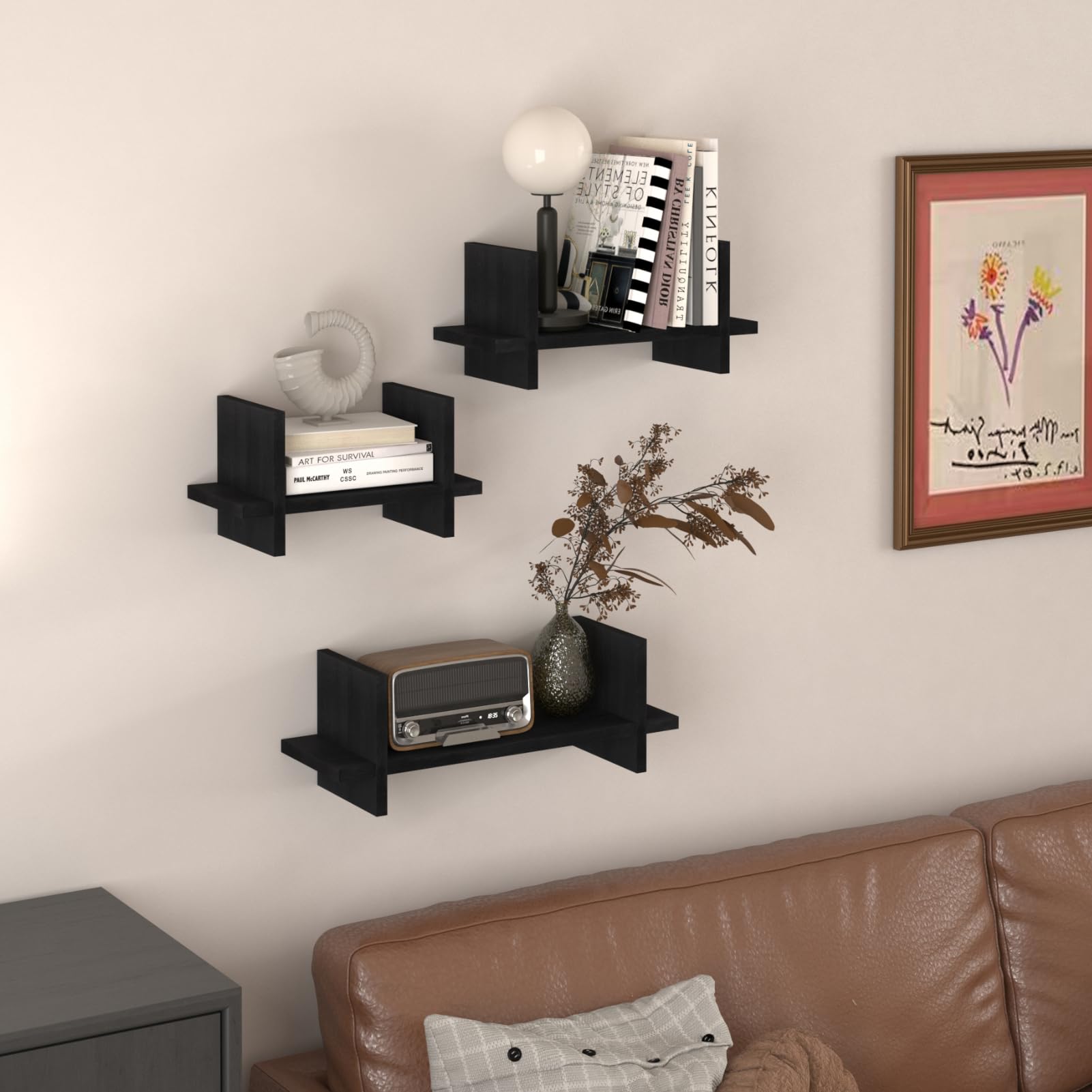 CRUGLA Black Floating Shelves Wall Mounted Set of 3, Hanging Storage Floating Book Shelf for Kitchen, Bedroom, Living Room, Study Room, Bathroom