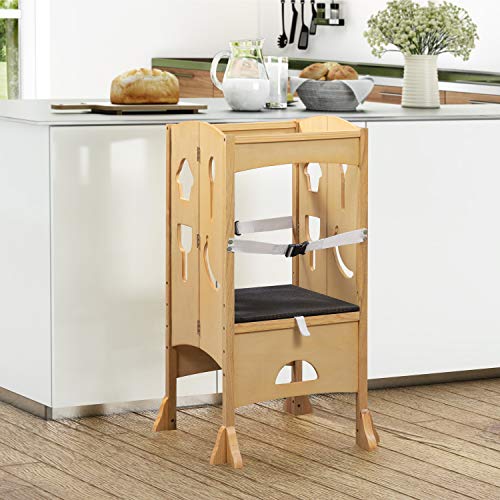 Naomi Home Kids I'm a Big Helper, Kitchen Step Stool for Toddlers with Safety Rail, Children Standing Tower for Learning Little Helper, Solid Wooden Counter Stool for Kids Natural