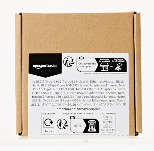Amazon Basics USB 3.1 Type-C to 3 Port USB Hub with Ethernet Adapter - Black