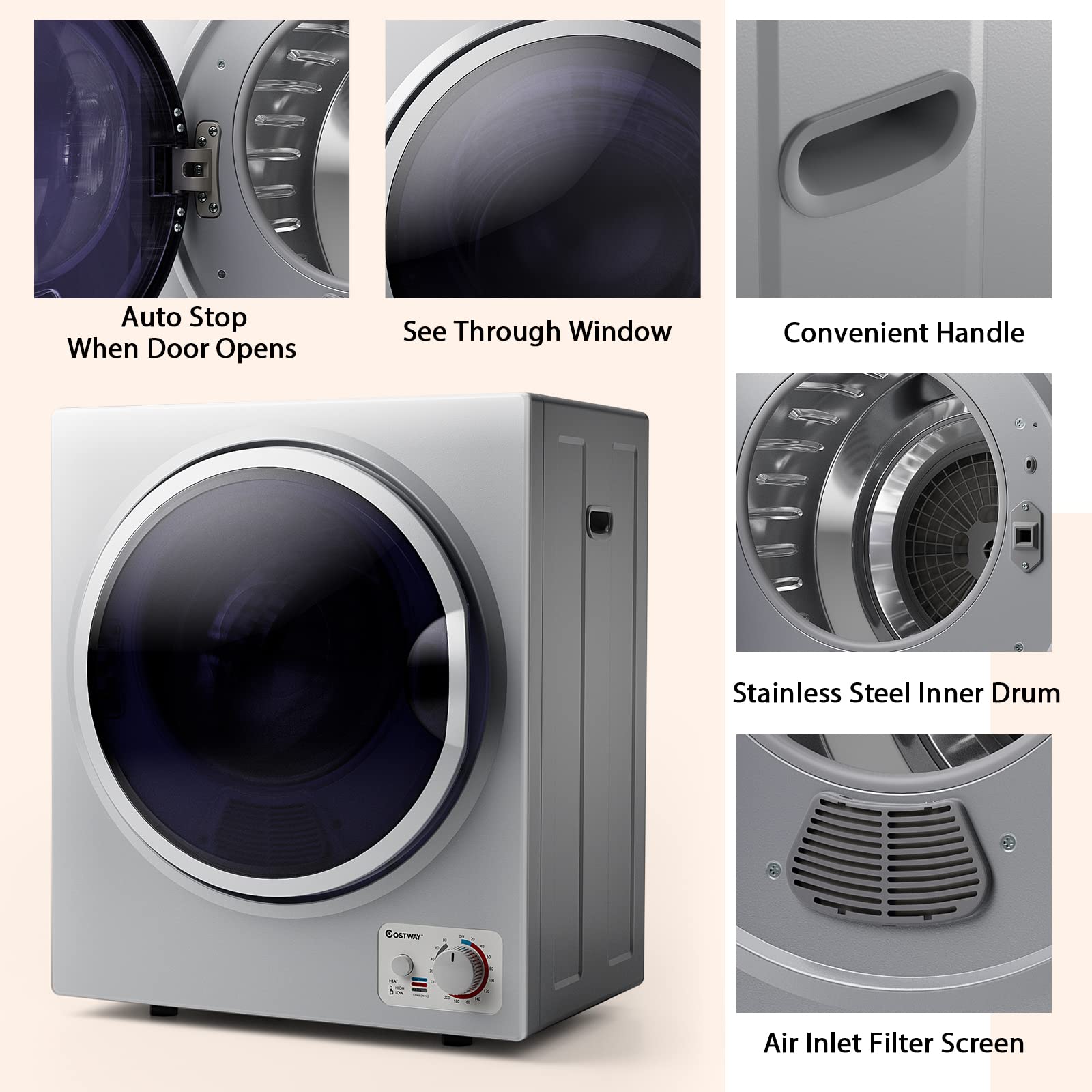 COSTWAY GT-10222US-SL-FPCY, 110V Electric Portable Clothes Stainless Steel Tub, Panel Downside Easy Control for 4 Automatic Drying Mode Compact Laundry Dryer, Silver