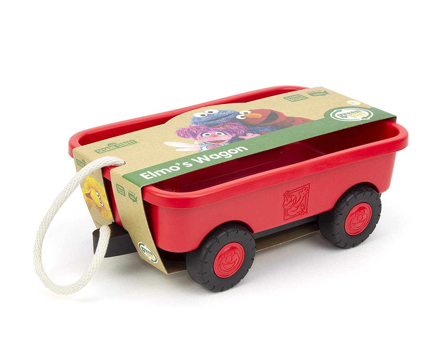 Green Toys Sesame Street Elmo's Wagon, Red - Pretend Play, Motor Skills, Kids Outdoor Toy Vehicle. No BPA, phthalates, PVC. Dishwasher Safe, Recycled Plastic, Made in USA.