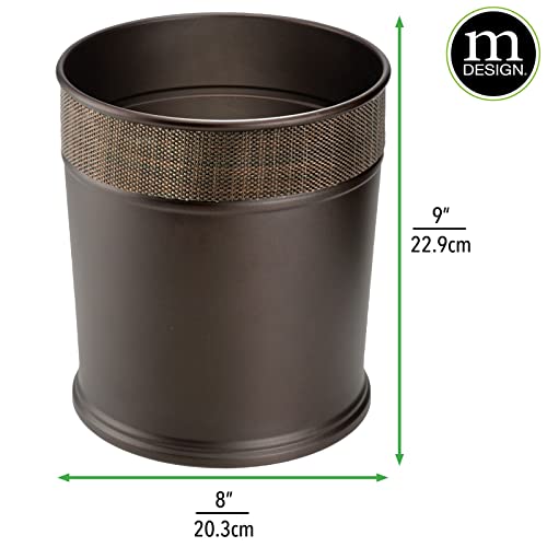 mDesign Decorative Round Small Trash Can Wastebasket, Garbage Container Bin for Bathrooms, Powder Rooms, Kitchens, Home Offices - Steel in Bronze Finish with Woven Textured Accent