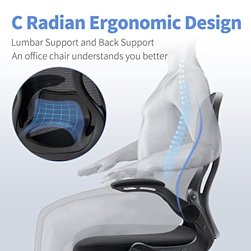 HOMEFUN Desk Chair with Wheels, Black Office Chair, Ergonomic Mesh Rolling Chair with Flip-up Armrests and Lumbar Support, Swivel Task Computer Chair