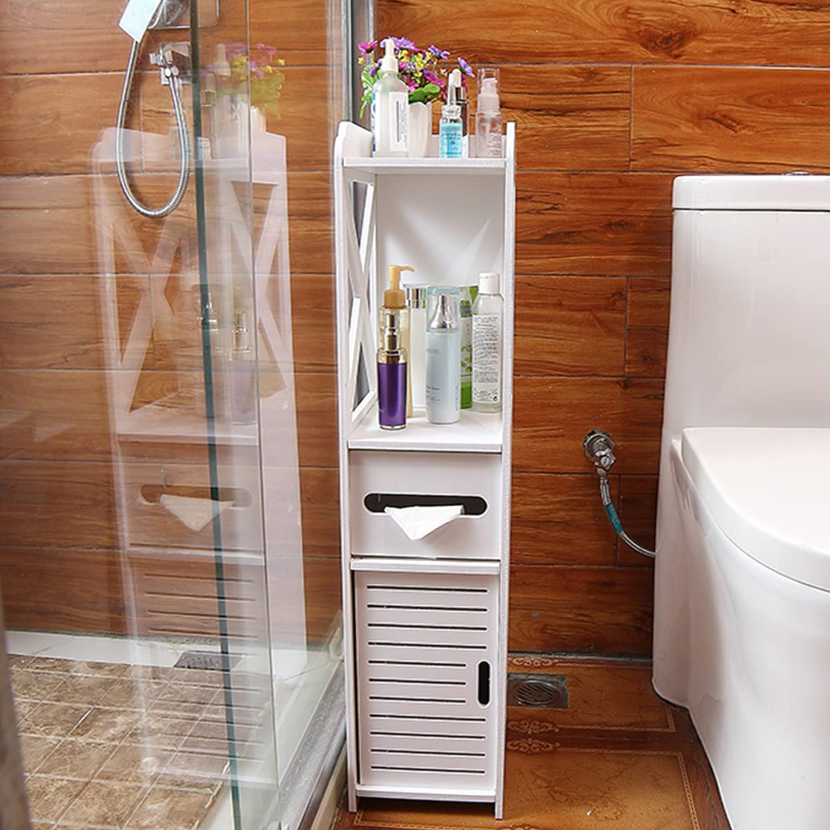 RUILOGOD Small Bathroom Storage Cabinet Doors and Shelves Narrow Bathroom Cabinet Slim Bathroom Organizer Cabinet Corner Shelf Toilet Paper Holder Stand Corner and Small Space (Widened) YSBG-01 White