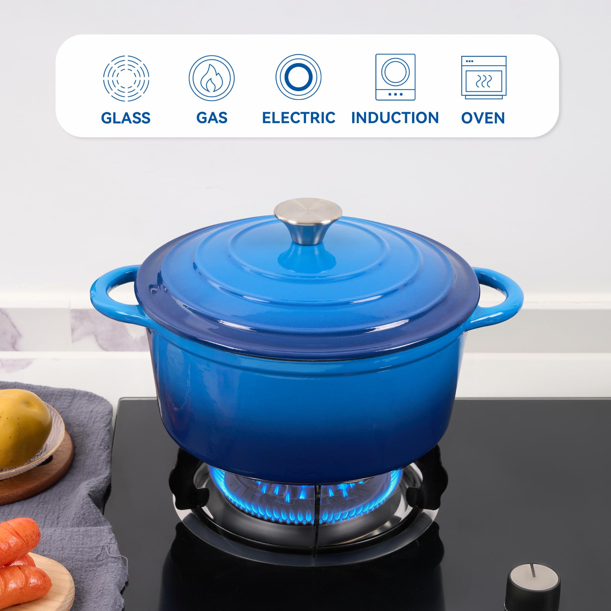 Fijinhom 6 Quart Enameled Cast Iron Dutch Oven Pot with Lid, Dual Handle for Bread Baking, Pre-Seasoned Cookware, Heavy-Duty, Oven Safe up to 500° F, Non-stick & Applicable All Cookings, Blue