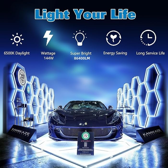 Brivulgent Larger Hexagon Led Lights for Garage Plug in 14 Grid Car Detailing 14 Hex Kit W Border Ceiling Hanging Barber Shop Electric Honeycomb Lighting (25 Pack Kit (8β x 5.5β))