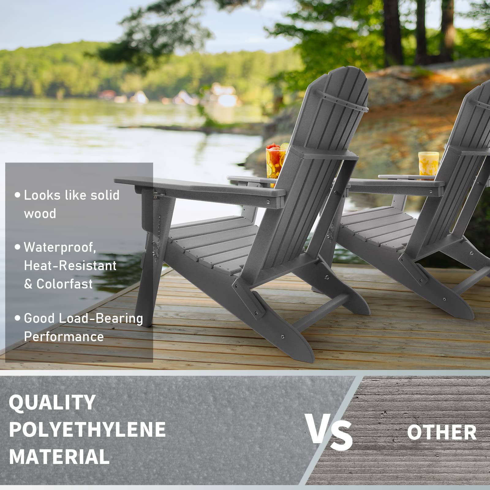 FUNBERRY Plastic Adirondack Chairs Set of 2,Folding Adirondack Chairs,Adjustable Backrest Adirondack Chair,Fire Pit Chairs,Resin Adirondack Chairs with Cup Holder,Composite Adirondack Chairs
