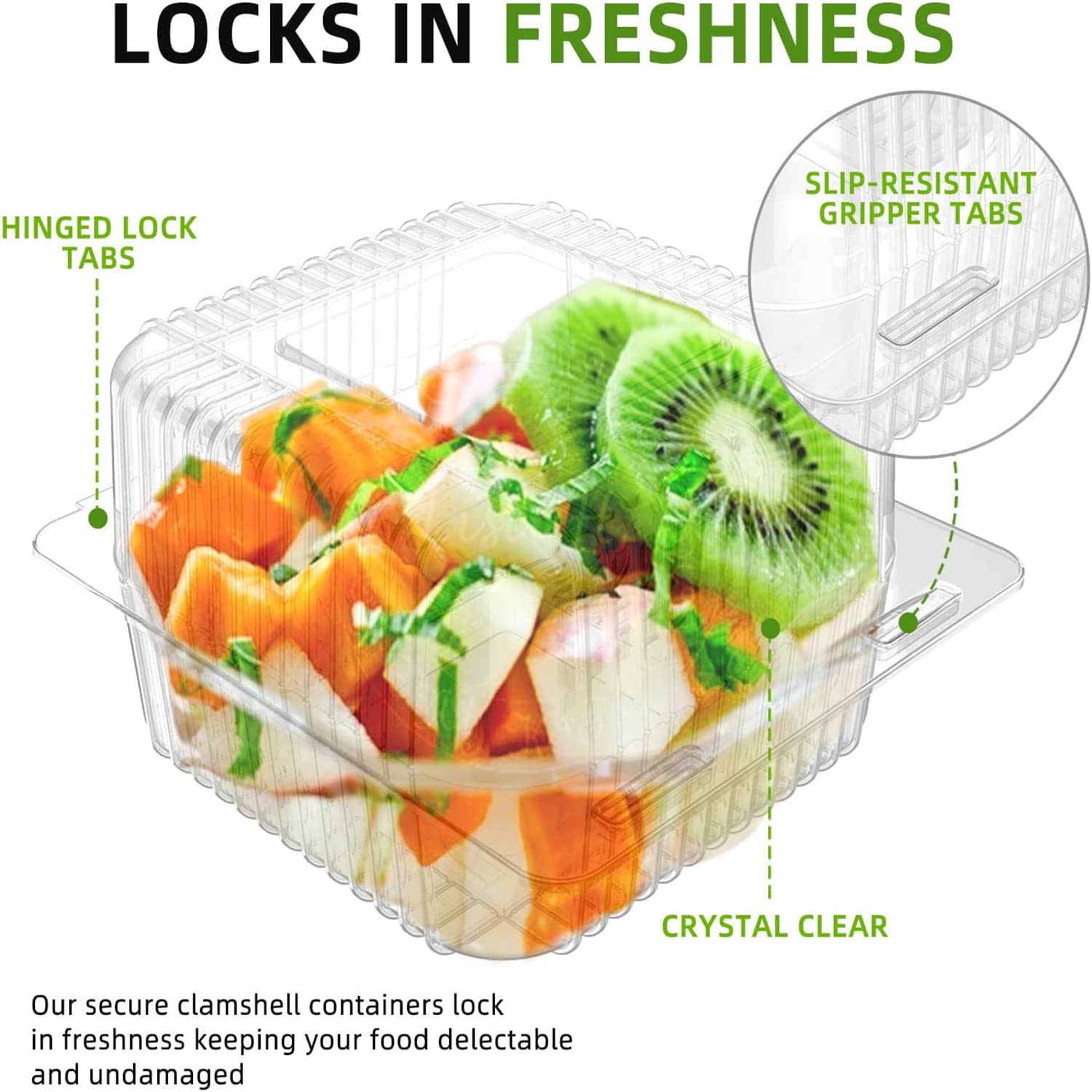 Axe Sickle 5 x 5 inch Clear Plastic Hinged Take Out Containers Clamshell Takeout Tray 50 Count Food Clamshell Containers for Dessert, Cakes, Cookies, Salads, Pasta, Sandwiches