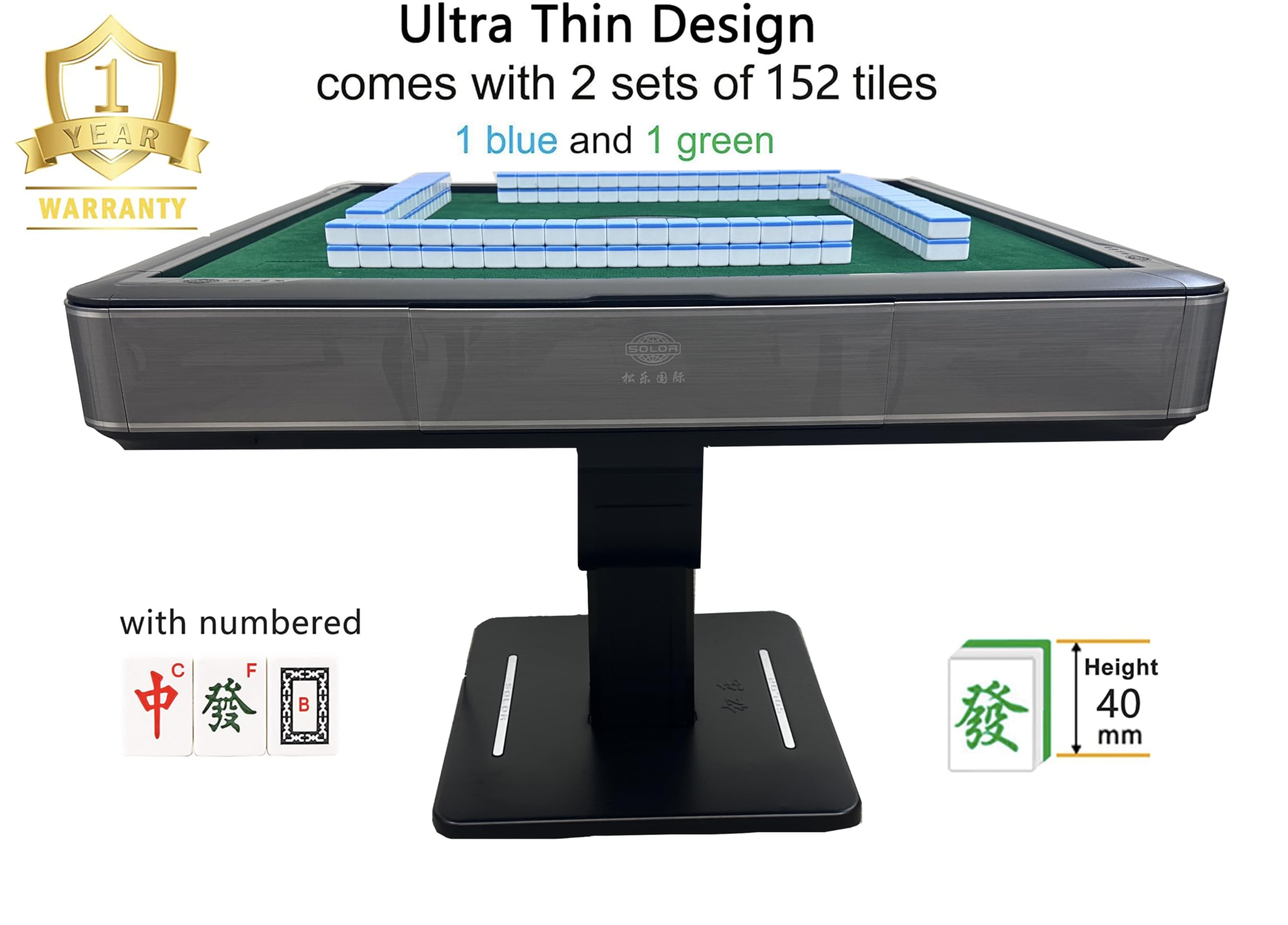 Gray Ultra-Thin Folding Automatic Mahjong Mah jongg Table 40mm American Mahjong Numbered Tiles Foldable Style + 4 Racks+ Hard Tabletop Cover