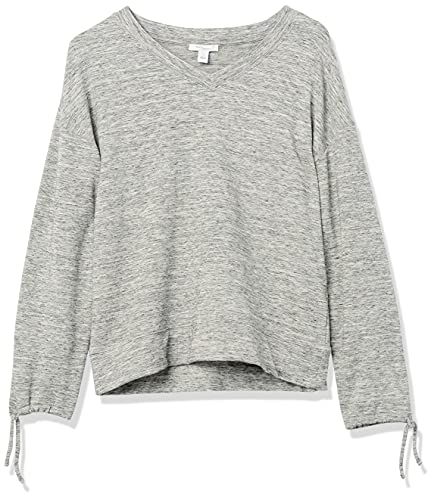 Amazon Brand - Daily Ritual Women's Terry Cotton and Modal Tie Sleeve V-Neck Sweatshirt, Heather Grey Spacedye, Small