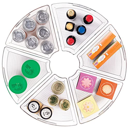mDesign Kitchen Cabinet Plastic Lazy Susan Storage Organizer Bins with Front Handle - Large Pie-Shaped 1/6 Wedge - Ligne Collection - Clear