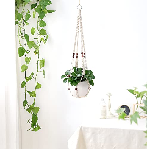 Mkono Macrame Plant Hanger Indoor Outdoor Hanging Planter Basket Cotton Rope with Beads 35 Inch