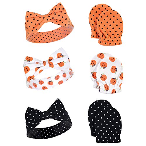 Hudson Baby Unisex Baby Cotton Headband and Scratch Mitten Set, Halloween Dots, 0-6 Months