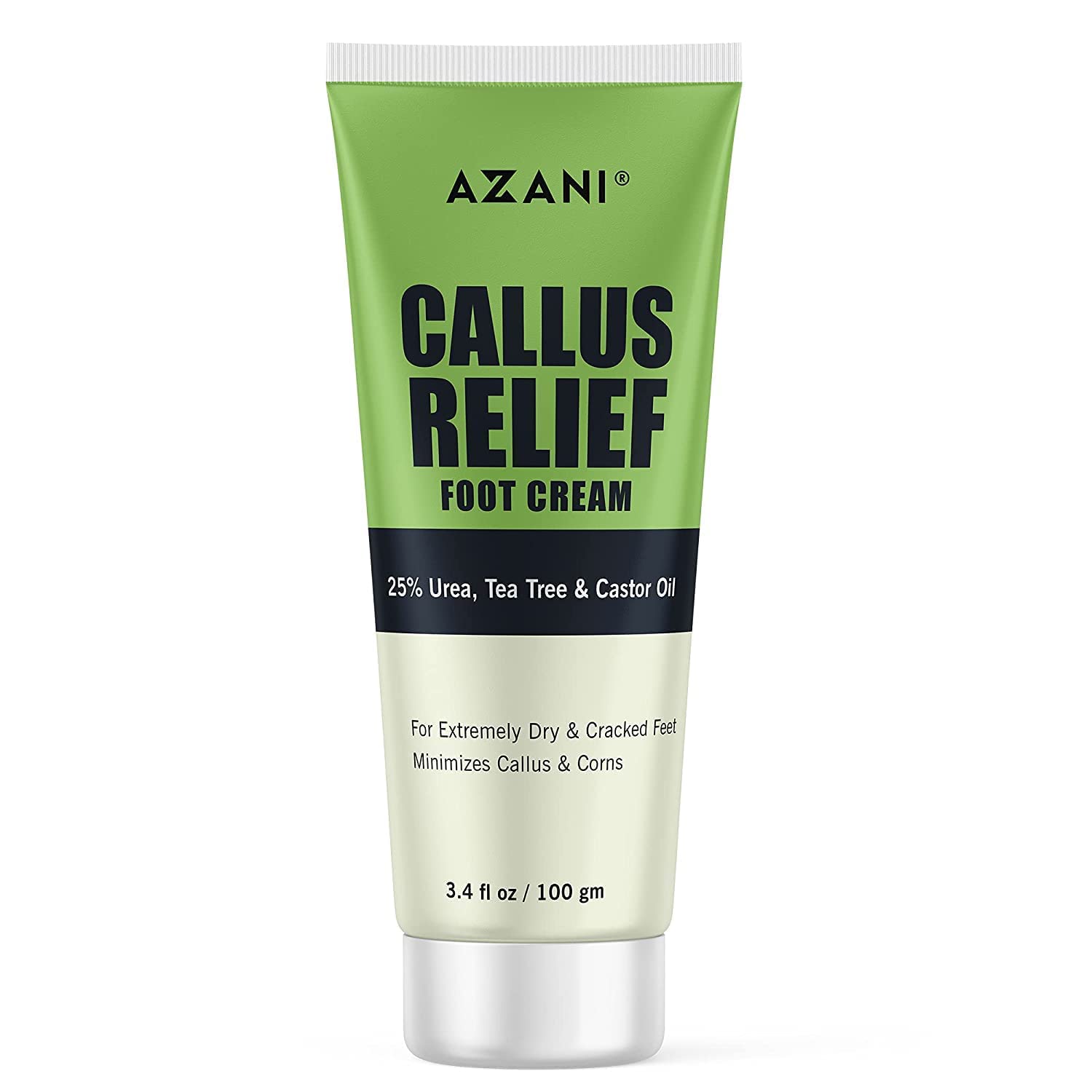 AZANI Callus Relief Foot Cream | 25% Urea, Castor & Tea Tree Oil| For Callus & Corns, Extreme Cracked Feet, Hands, Heels, Elbows, Nails, Knees| Intensive Exfoliator & Moisturizer| 3.5 Oz, 1 Pack