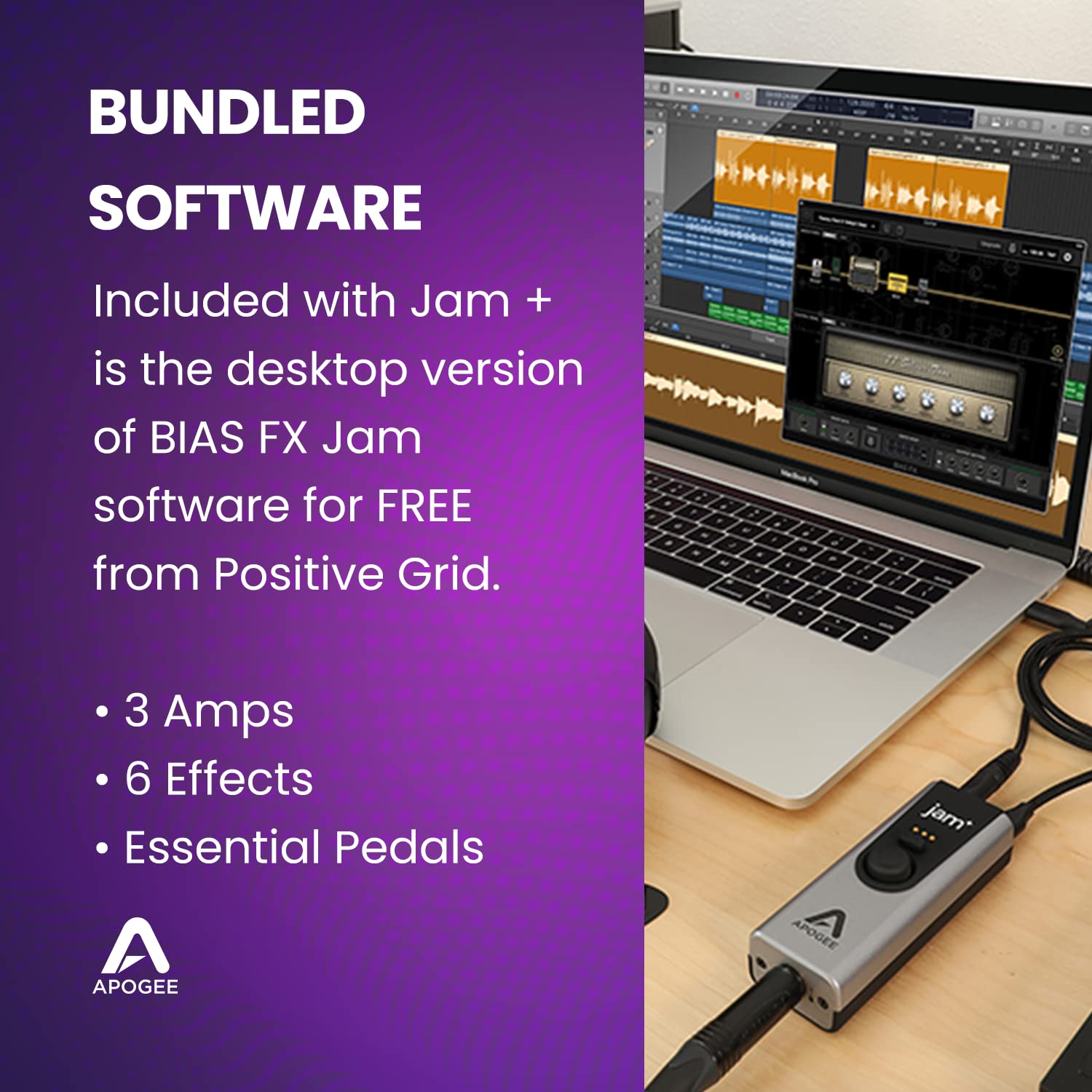 Apogee Jam Plus - Portable USB Audio Interface for Guitars, Bass, Keyboards and Instruments, Works with iOS, MAC OS and Windows PC, Made in USA