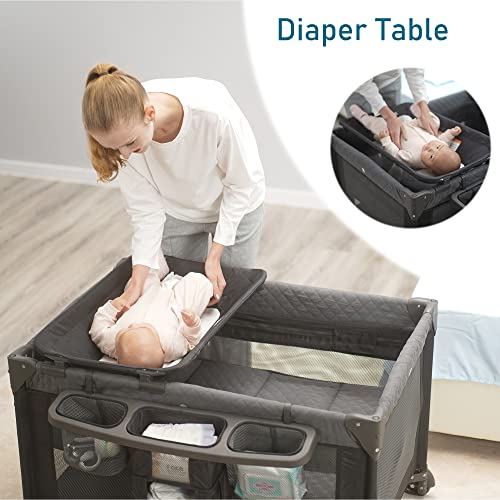 Pamo Babe Portable Crib for Baby, 4 in 1 Baby Nursery Center, Baby Playard with Changing Table, Bassinet and Mattress(Grey）