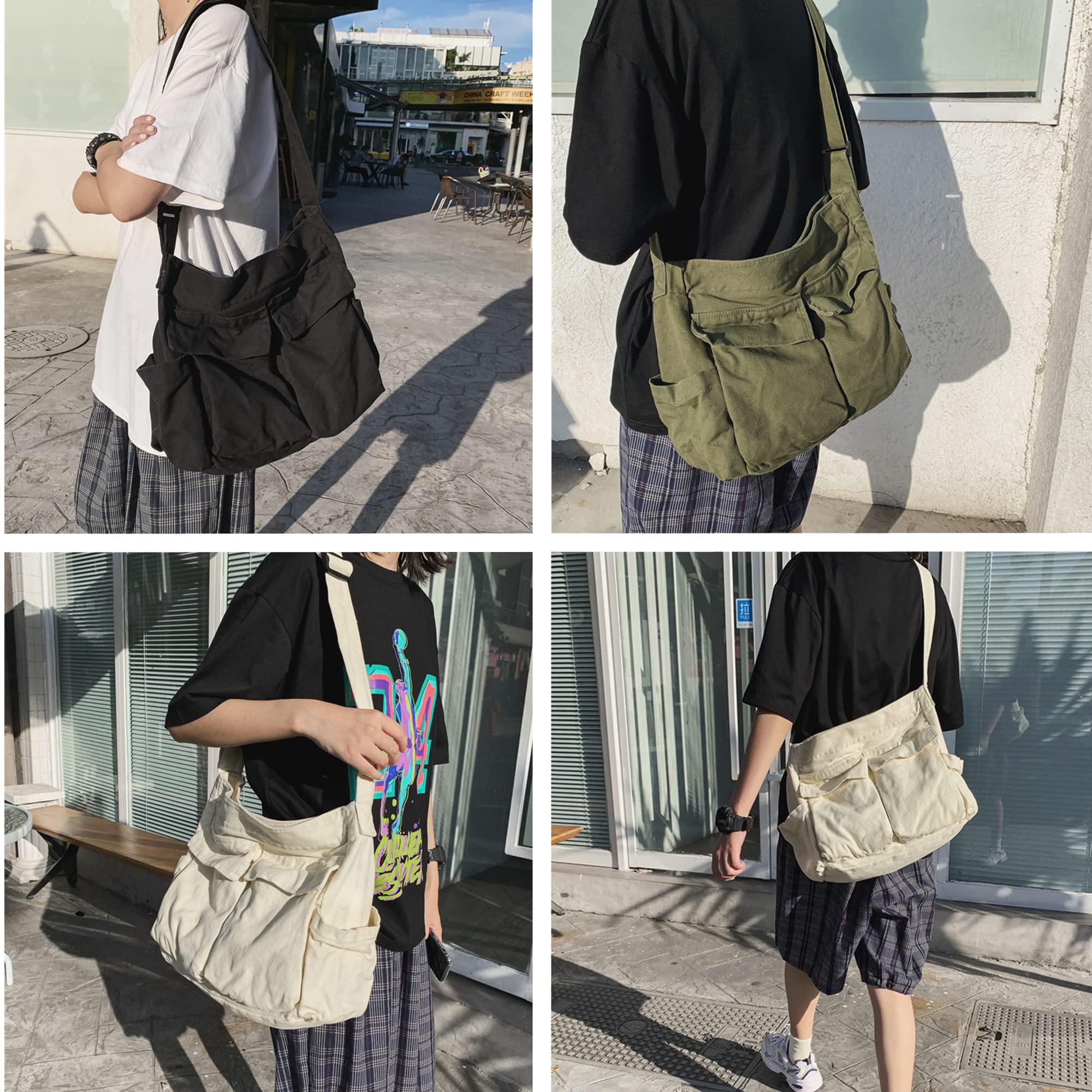 HUALEYNA Canvas Crossbody Bag for Women Large Messenger Bags Travel Shoulder Bag Multi-pocket (Black)