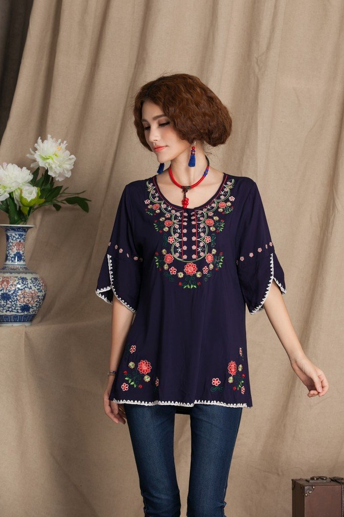 Ashir Aley Bell Sleeve Womens Girls Embroidered Cotton Peasant Tops Mexican Bohemian Shirts Blouses (L,Navy Blue)