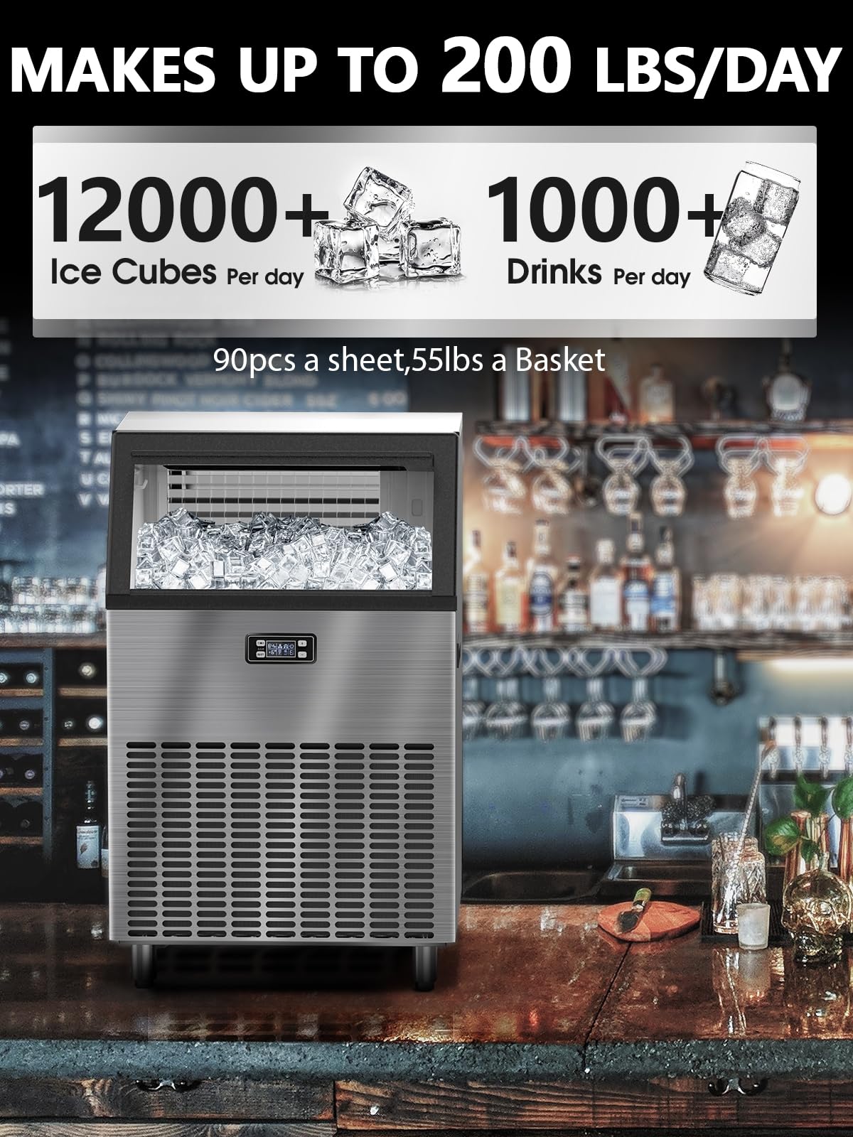 Joy Pebble Ice Maker Commercial, 200lbs/24H/8,800pcs, 90 Cubes/Cycle, Ice Size Control,24H Timer,Freestanding Ice Maker Machine Under Counter for Restaurant, Bar, Office, Home Partie