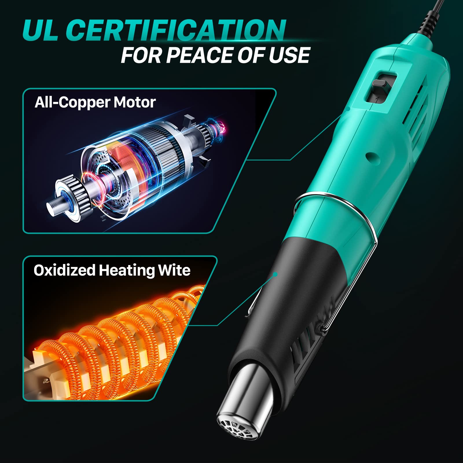 Yeegewin Heat Gun, 380W Fast Heat Mini Hot Air Gun with 2-Temp Settings 480°F~850°F(249°C-455°C) Overheat Protection Reflector Nozzle, 4.9Ft Long Cable for Shrink Wrap,Vinyl, Crafts, Epoxy Resin