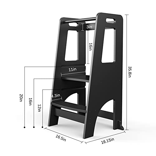 MOAMUN Wooden Step Stool for Kids, Adjustable Height Toddler Learning Helper Tower with Handle, Solid Wood Step Stool for Kitchen,Bathroom,Bedroom (Black)