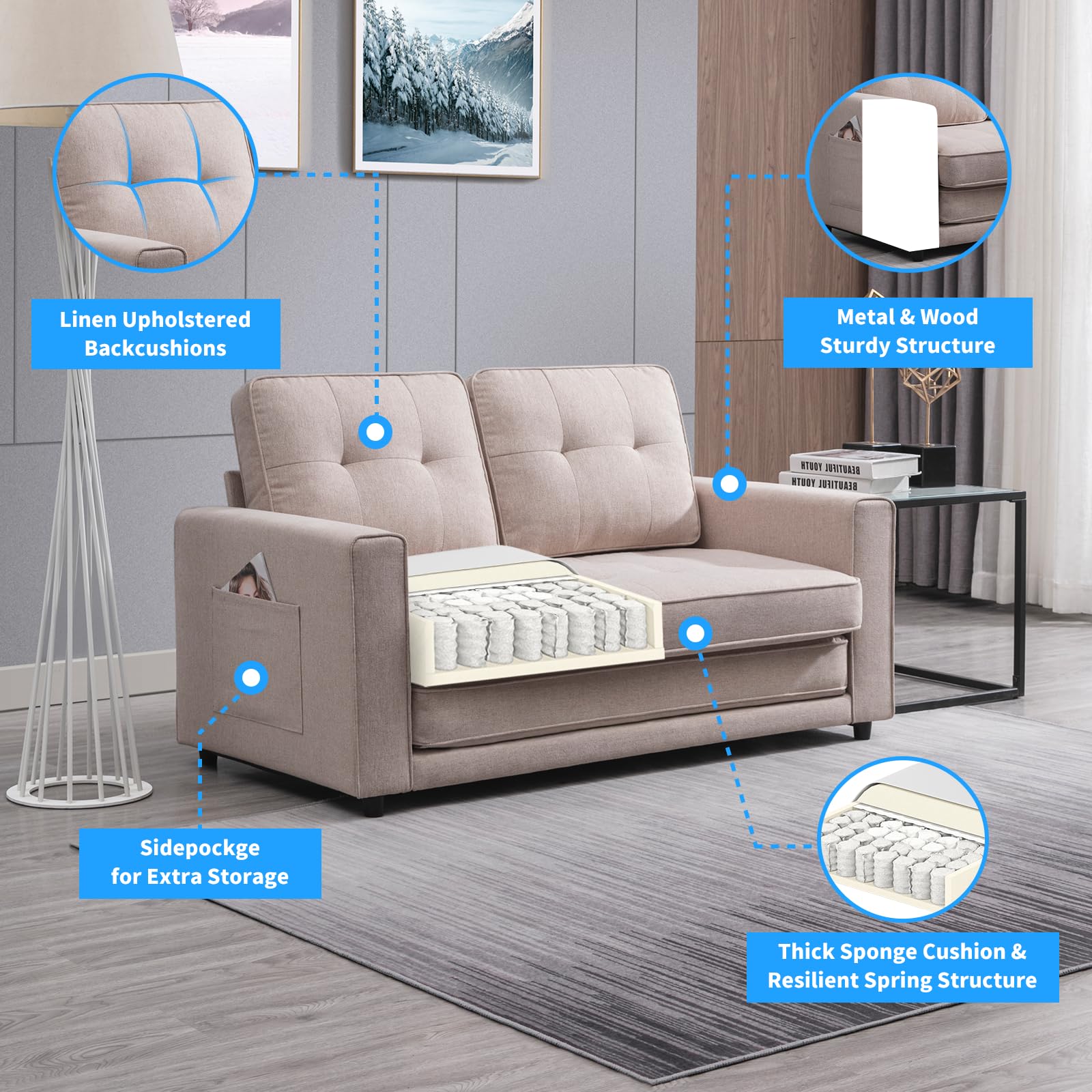 PUREMIND Loveseat Sleeper Sofa Bed, Linen 2-in-1 Pull Out Couch Bed, Upholstery Futon Sofa Bed with Cushion, Convertible Floor Couch with Side Pockets for Living Room, Apartment, Office