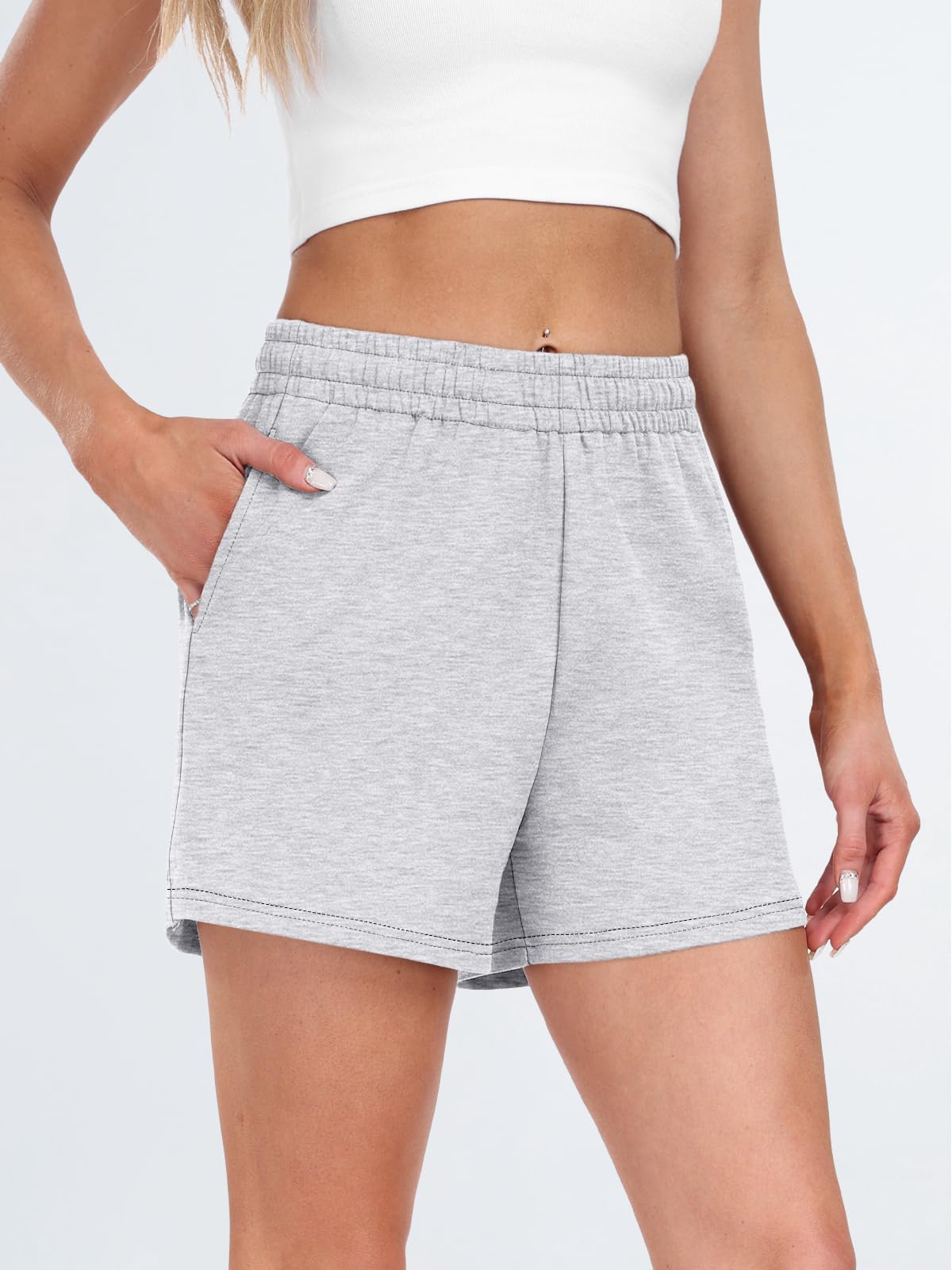 AUTOMET Womens Sweat Shorts Casual Summer Drawstring Comfy Elastic High Waist Running Clothes with Pockets Grey M