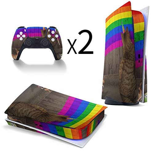 Beige Cat Unicorn Drawing Rainbow Full Protective Skin Cover Design Wrap Decal Sticker Compatible with PS5 Disk Version Console and Controller