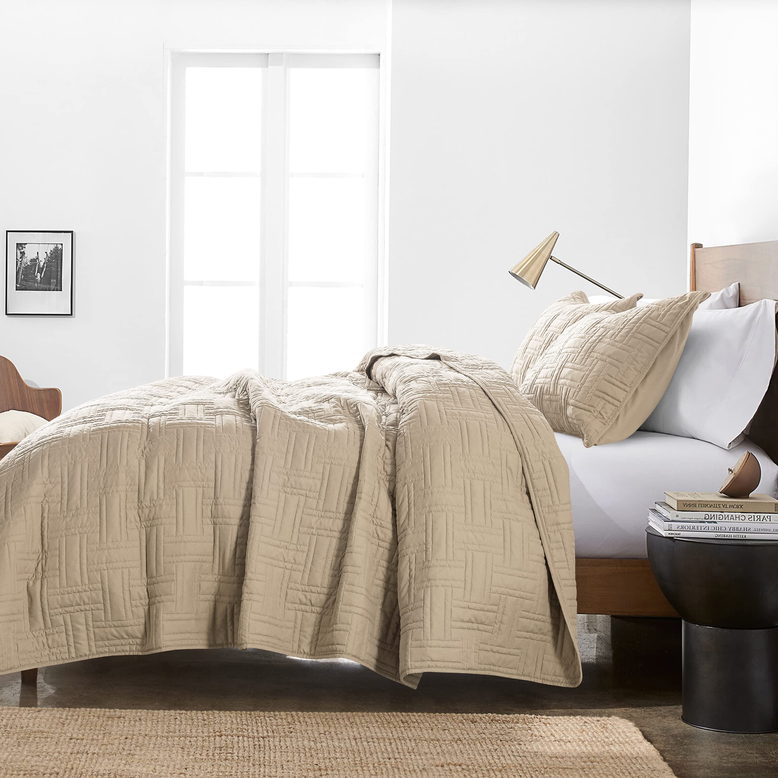Beige Quilt King Size Bedding Sets with Pillow Shams, Cream Tan Lightweight Soft Bedspread Coverlet, Basket Weave Quilted Blanket Thin Comforter Bed Cover for All Season, 3 Pieces, 104x90 inches