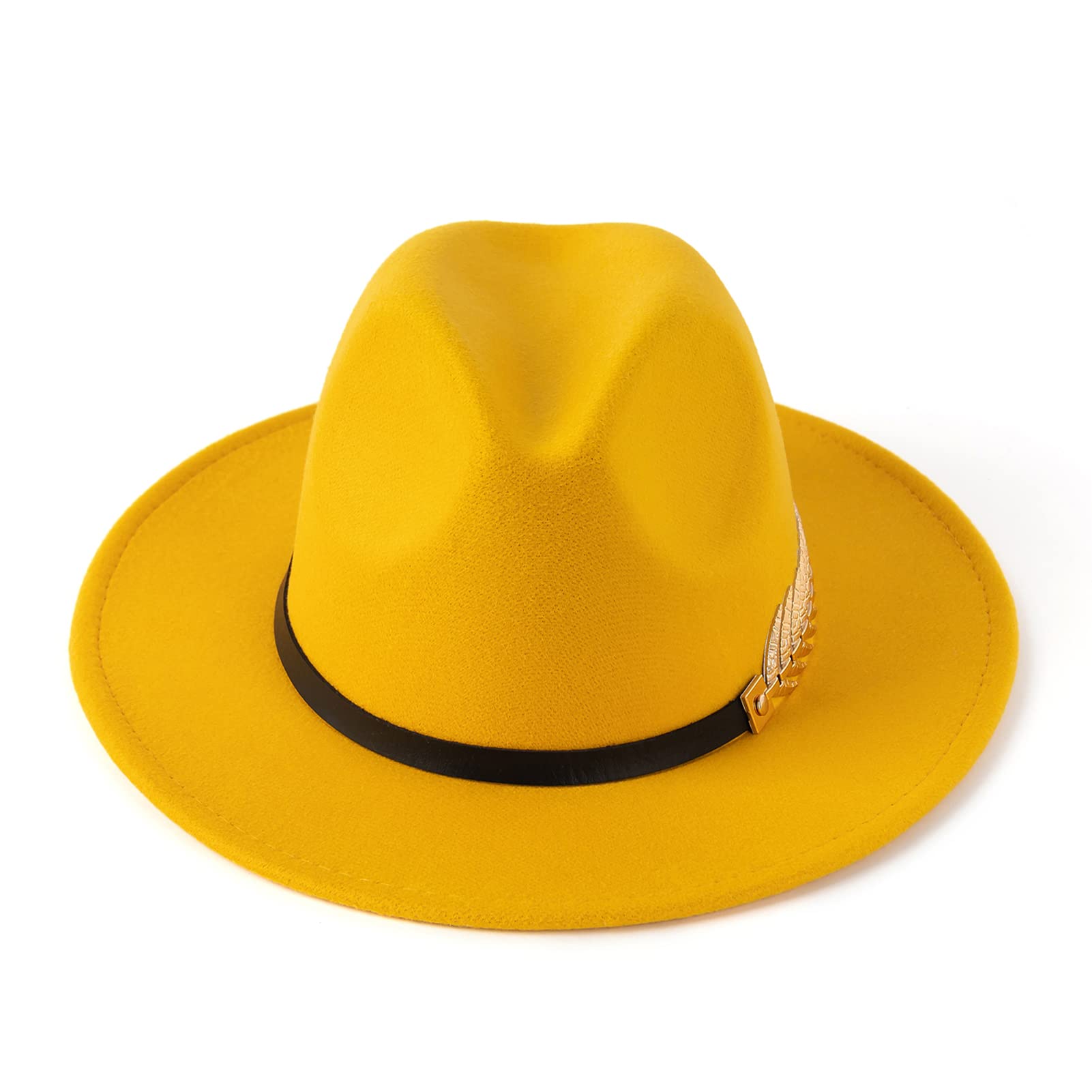 HUDANHUWEI Women's Wide Brim Fedora Panama Hat with Metal Belt Buckle W Yellow