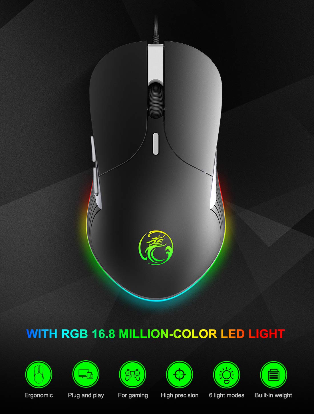 KKUYI RGB Gaming Mouse Wired, USB Computer Gaming Mice with Chroma RGB Lighting/6 DPI Levels/6 Buttons, RGB Gamer Desktop Laptop PC Gaming Mouse with 6ft Cable for Windows Xbox PS4 (Black-01)